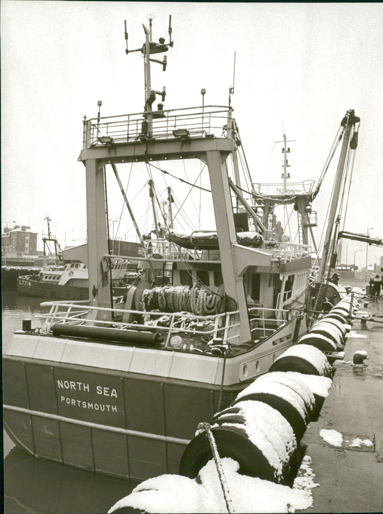 The trawler North Sea tied up at Lowestoft Docks. - Vintage Photograph