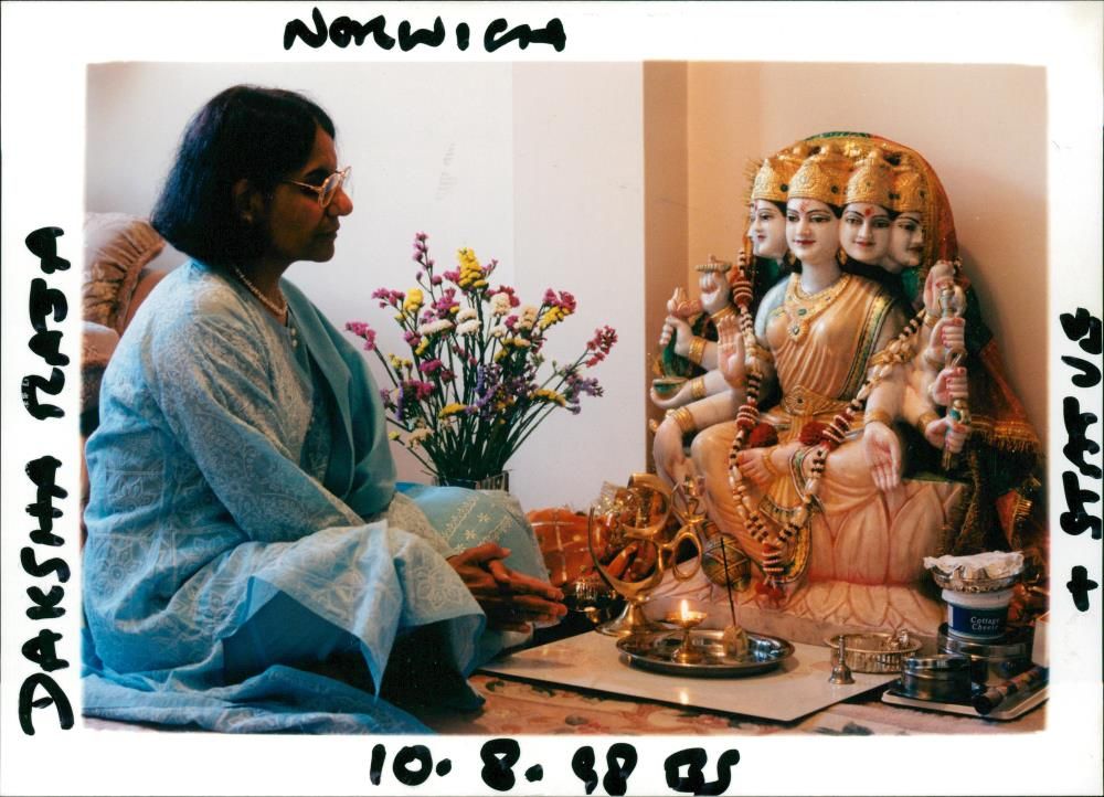 Daksha Raja with Hindu Goddess statue. - Vintage Photograph