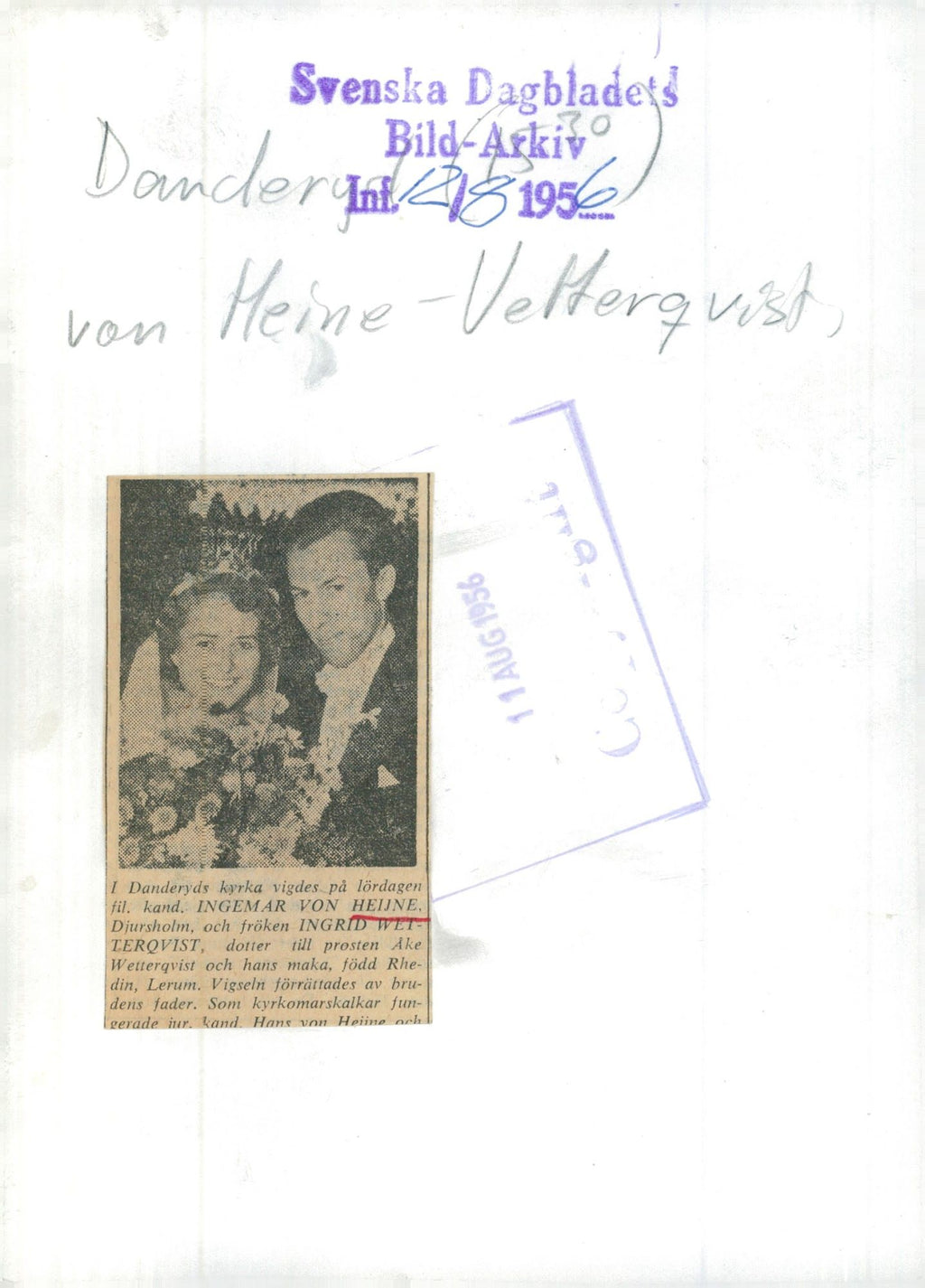 Ingemar von Heijne marries Ingrid Wetterqvist - Vintage Photograph