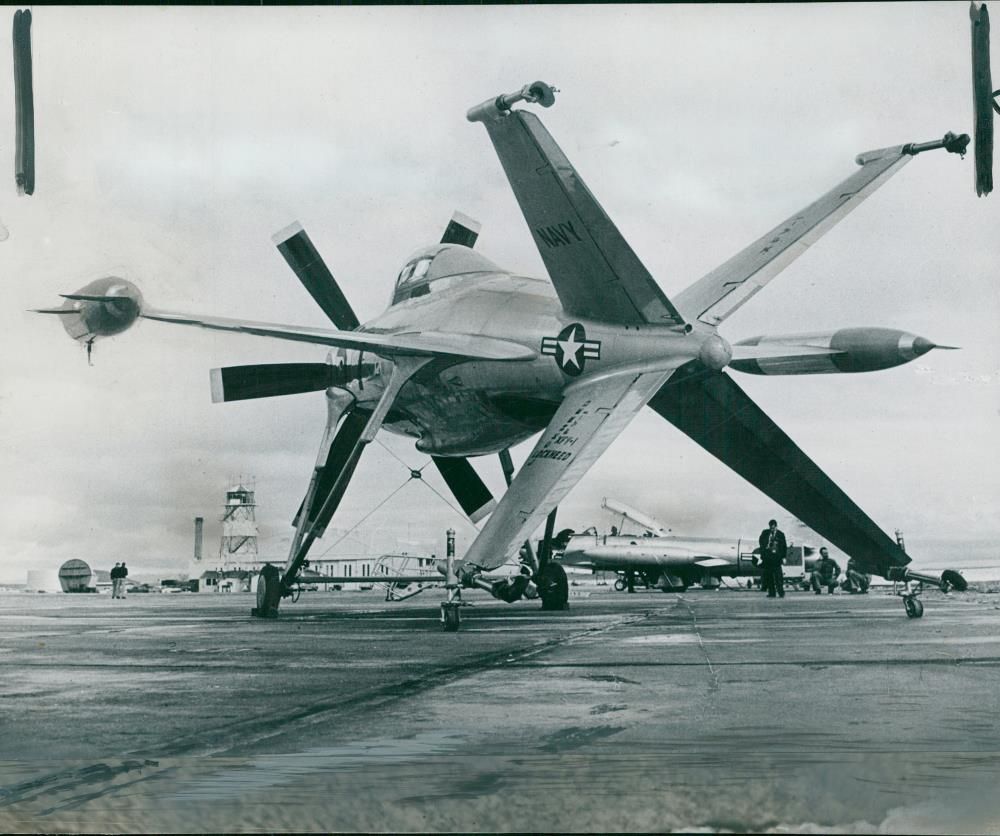 Aircraft:lockheed xfv-1, vertical take off fighter resting on a tempor