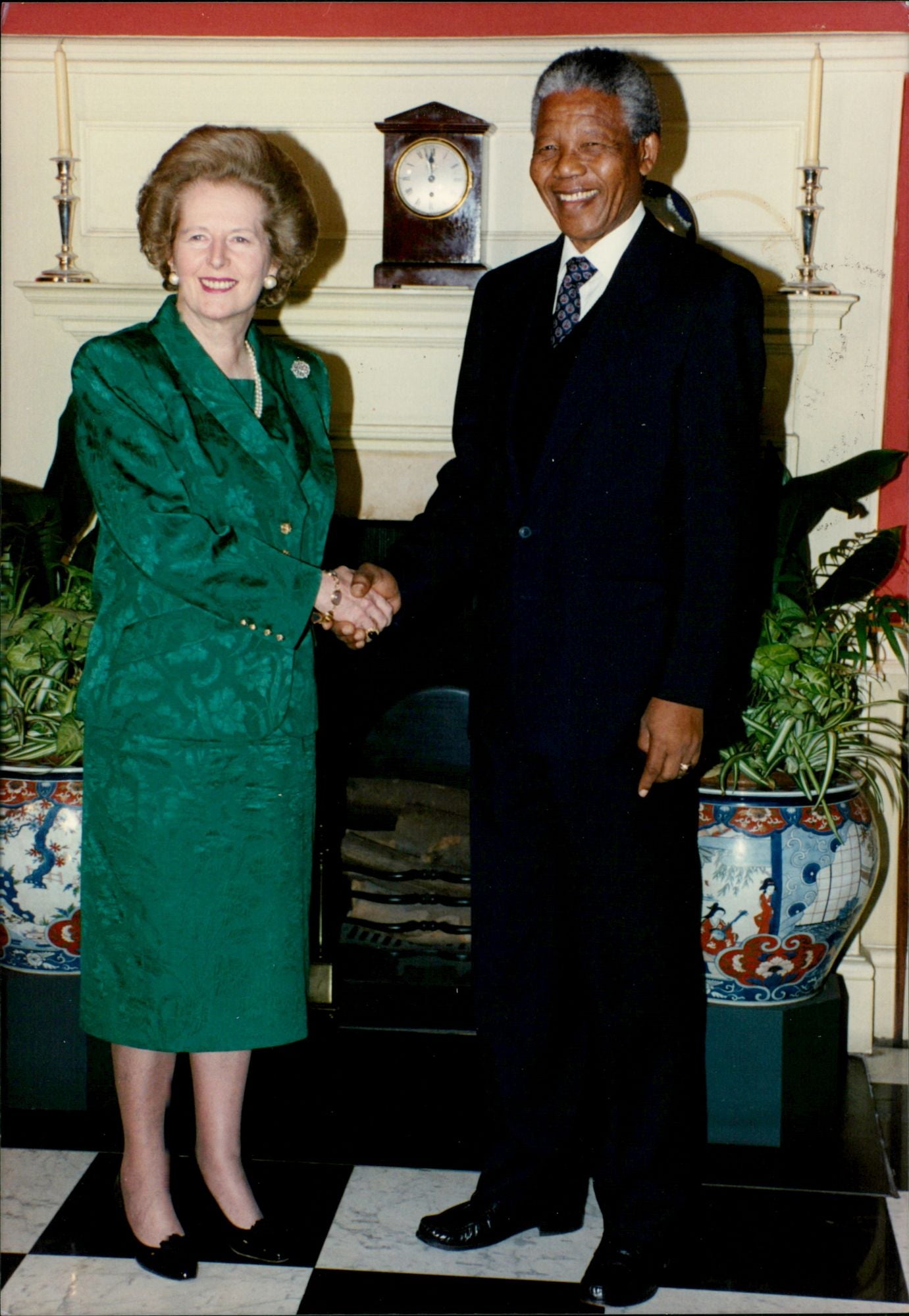 Nelson Mandela shaking hands with Margaret Thatcher - Vintage Photogra