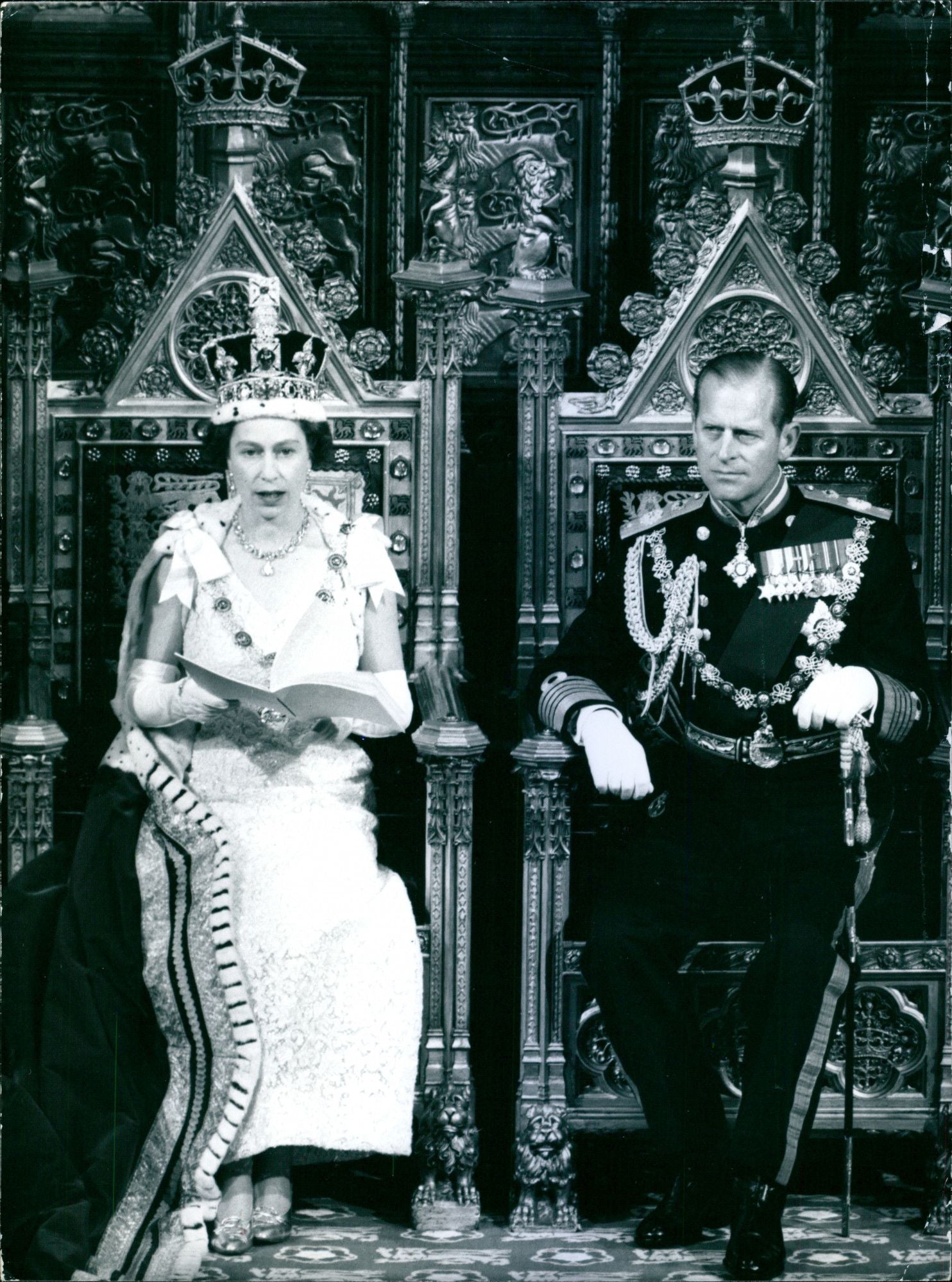 Queen Elizabeth pictured reading her speech from the throne in the Hou