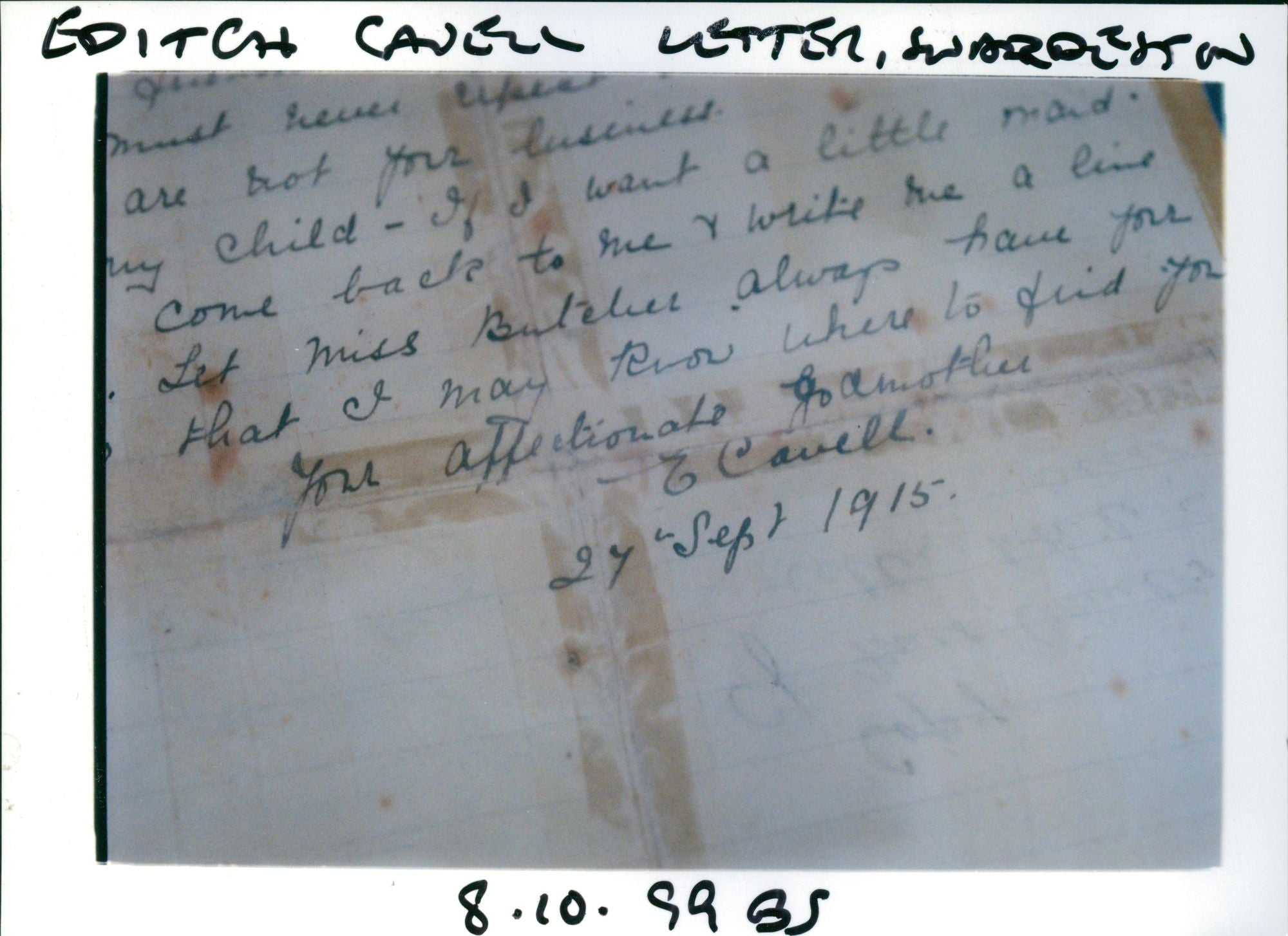 Nurse Edith Cavell's Letter Written Two Weeks before her Execution - V