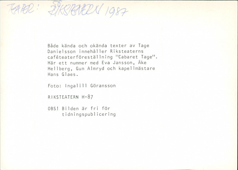 Theater Riksteatern, Eva Jansson, Âke Hellberg, Gun Almryd and Hans Gl