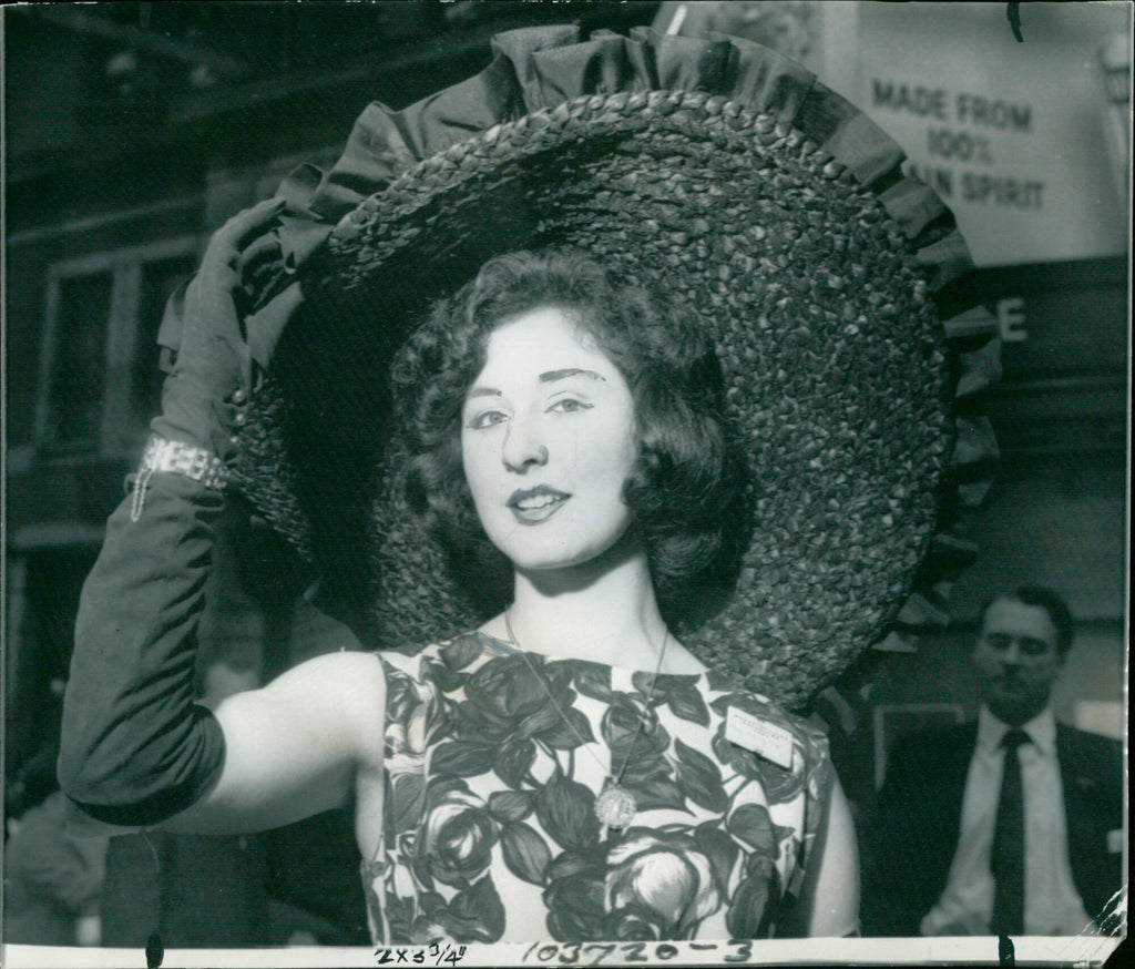 Miss Felicity Croft wearing a sombrero-style hat for Ascot. - Vintage