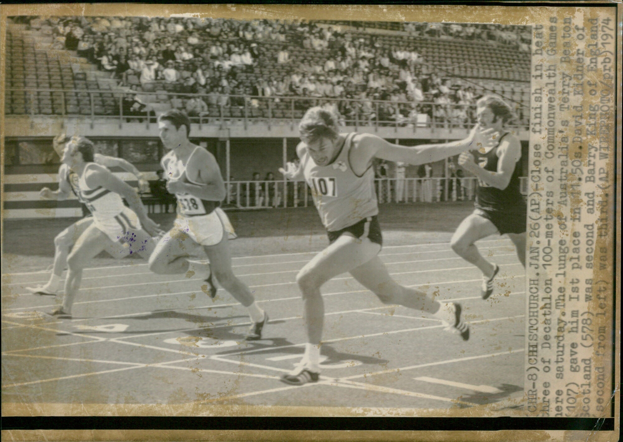Australian Terry Beaton wins the 100-meter Decathlon heat at the 1974