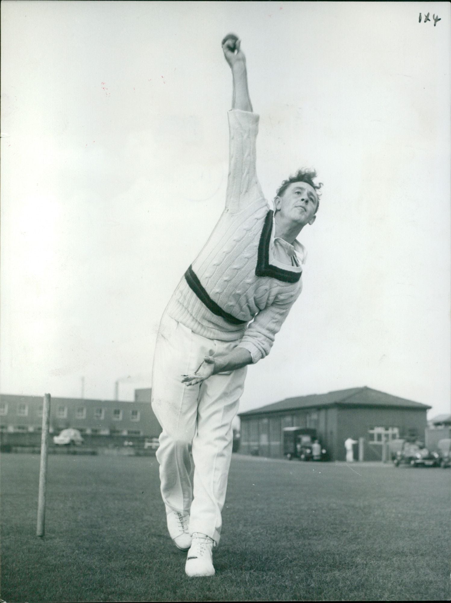 Brian Statham, the 30-year-old Lancashire fast bowler, in an action ph