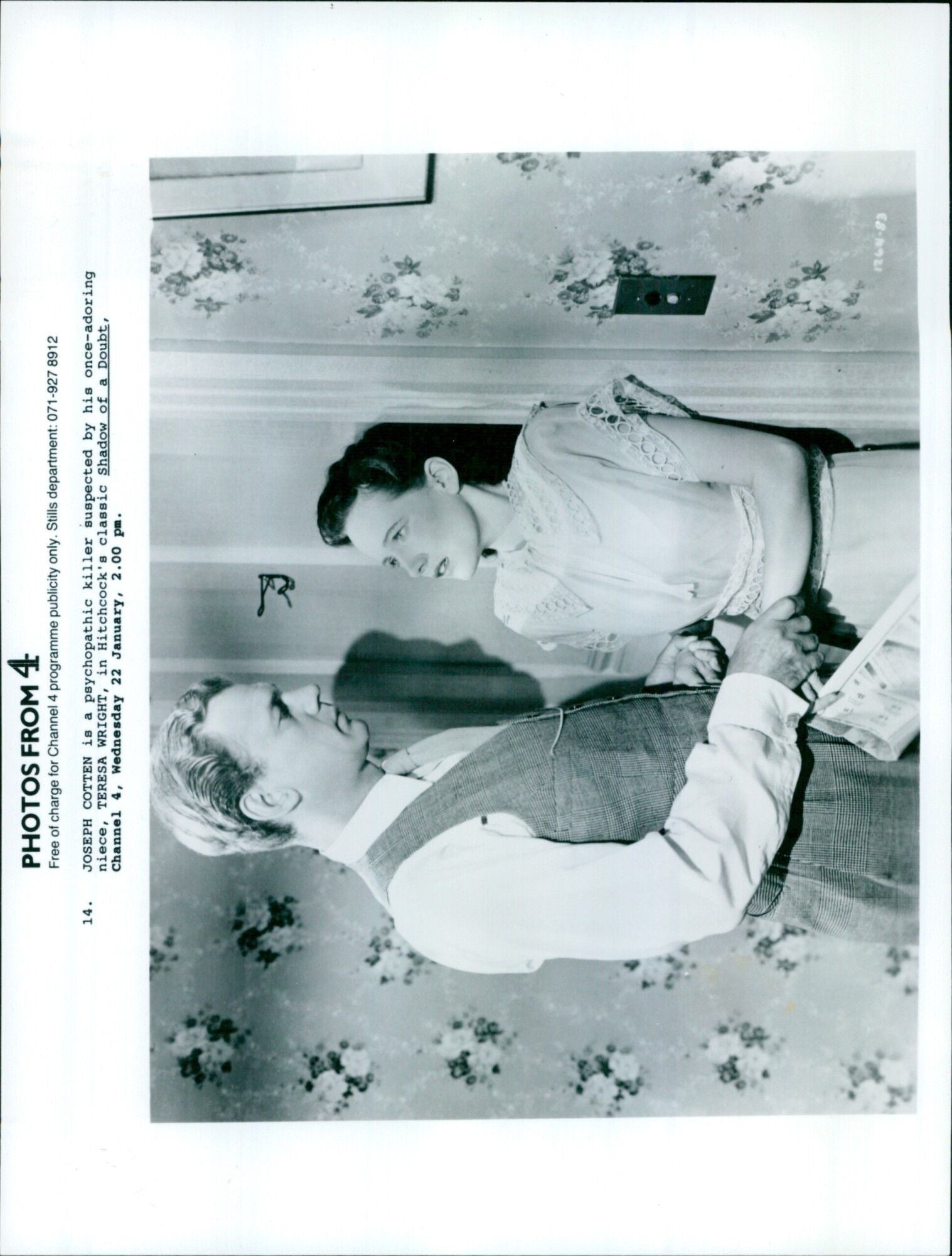 Joseph Cotten and Teresa Wright in Alfred Hitchcock's classic film "Sh