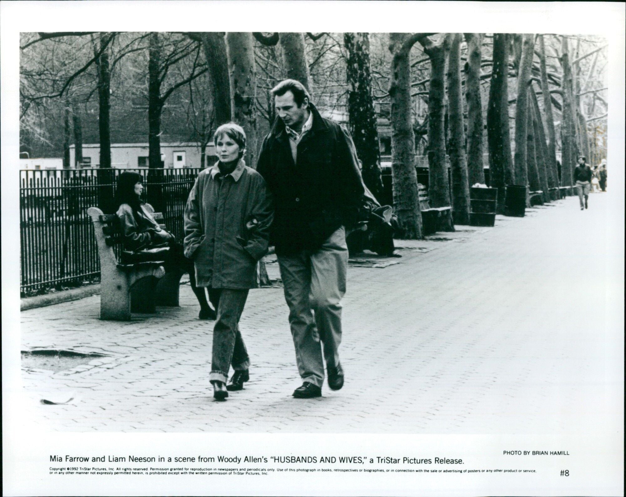 Actors Mia Farrow and Liam Neeson in a scene from the movie "Husbands