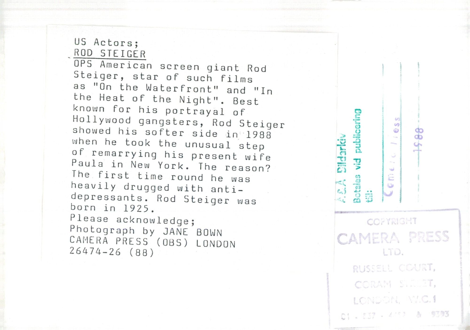 Hollywood actor Rod Steiger remarries his wife Paula in New York in 19