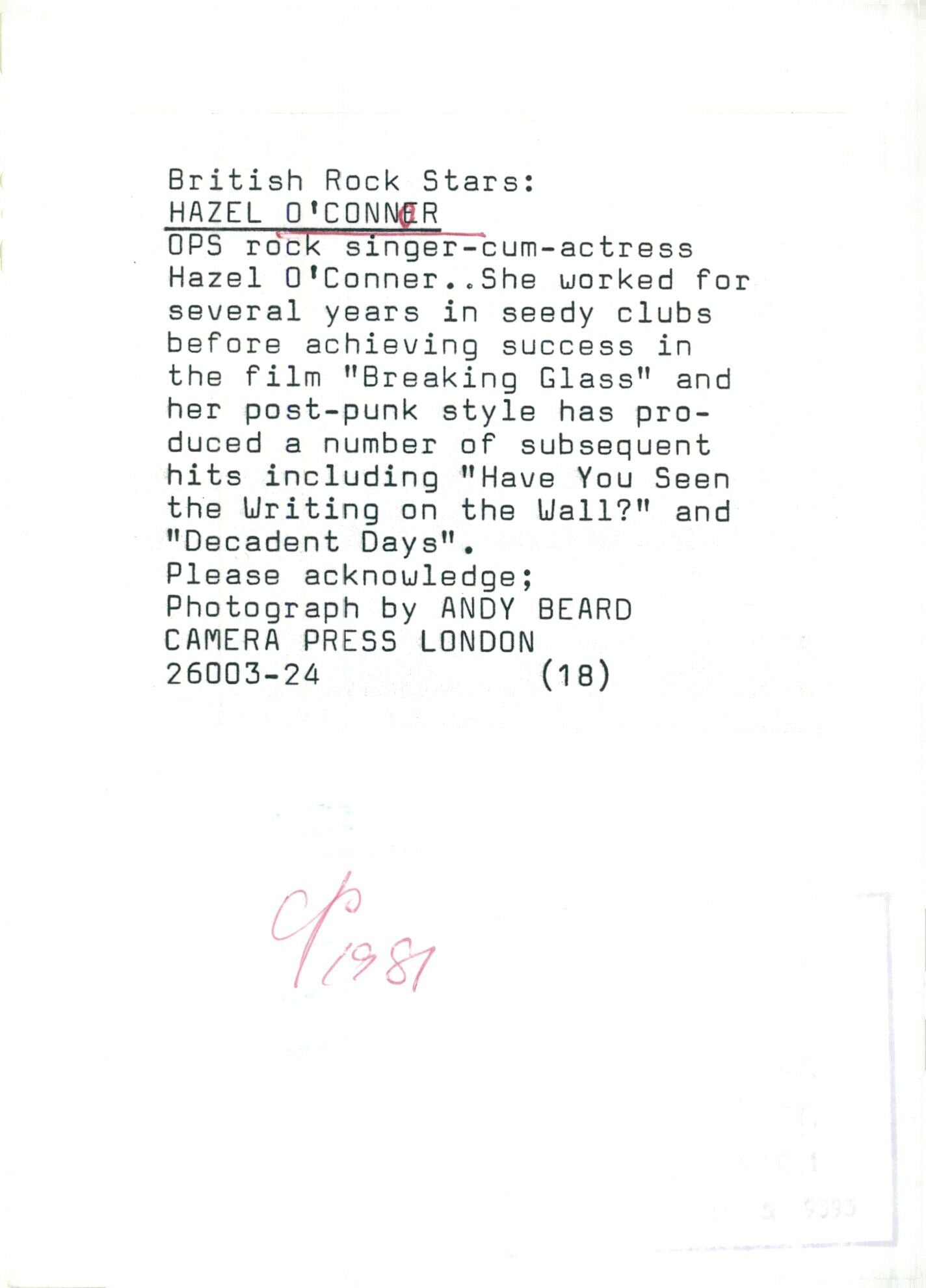 British rock singer-actress Hazel O'Conner poses for a portrait in 198