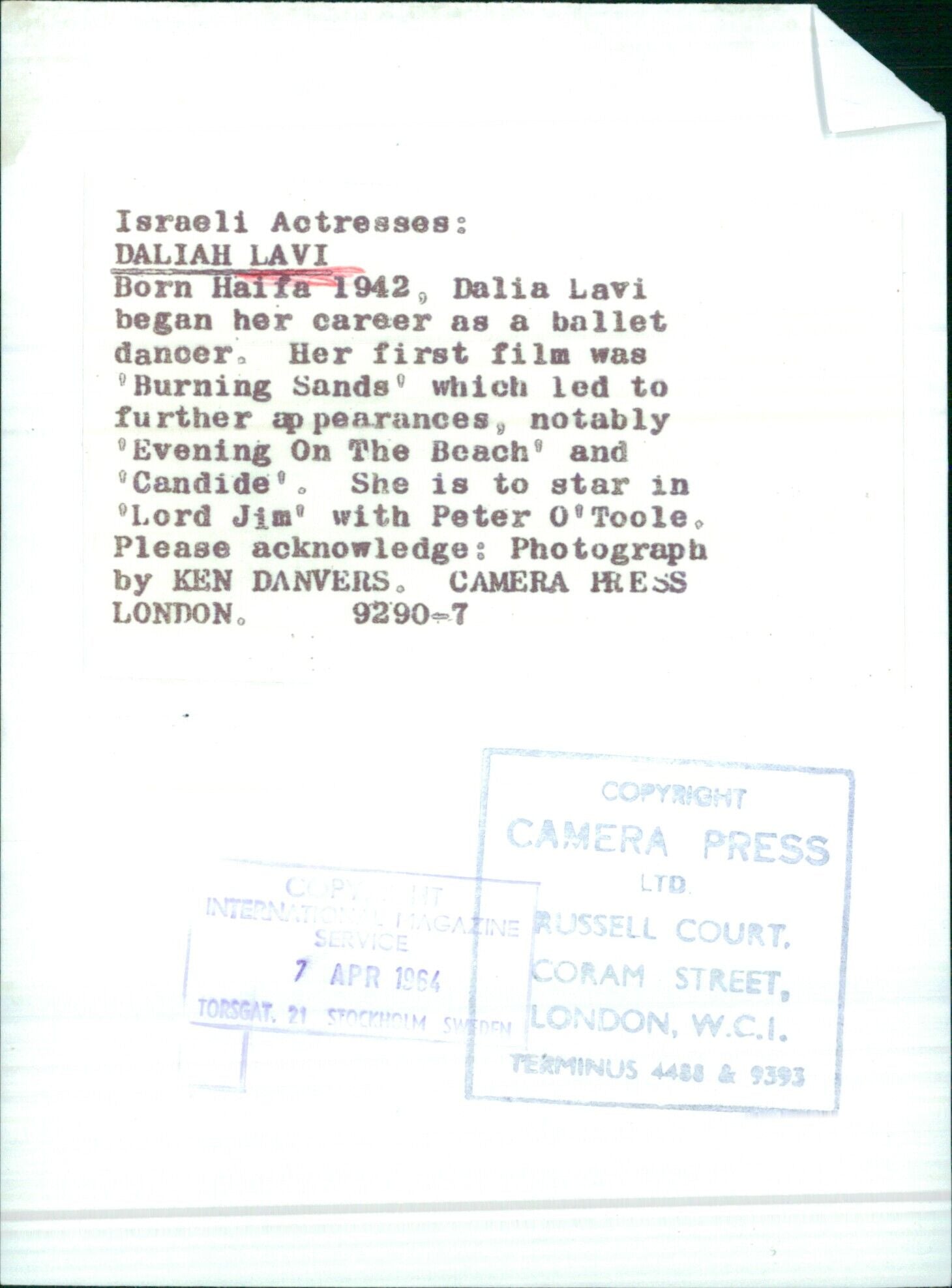 Israeli actresses Dalia Lavi (born 1942 in Haifa) and Peter O'Toole st