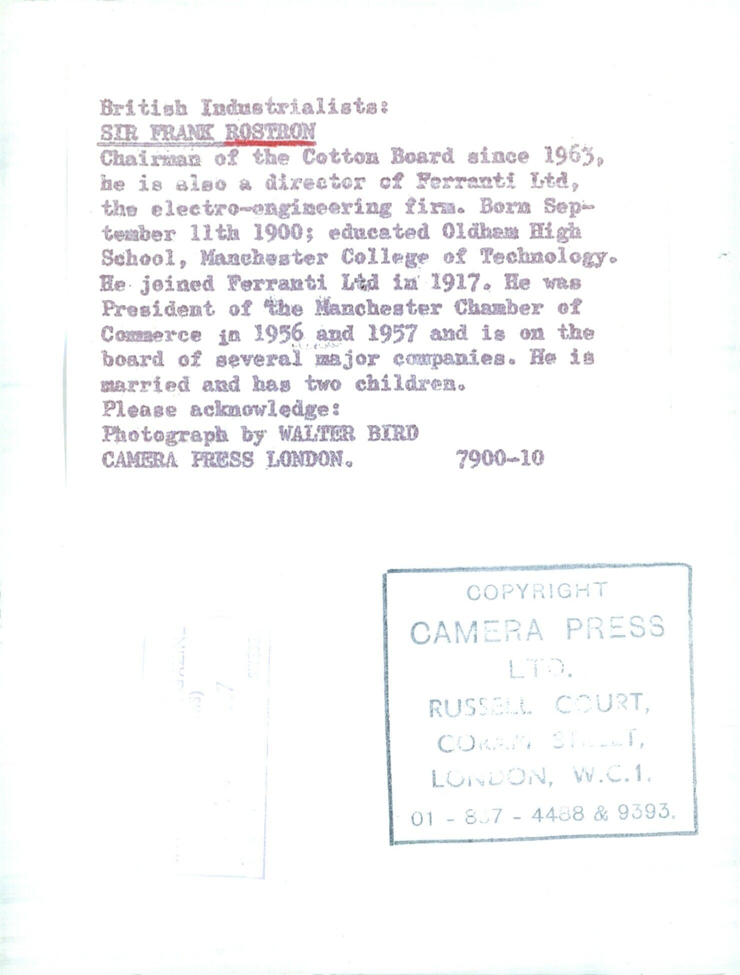 Sir Frank Rostron, Chairman of the Cotton Board since 1963, stands wit