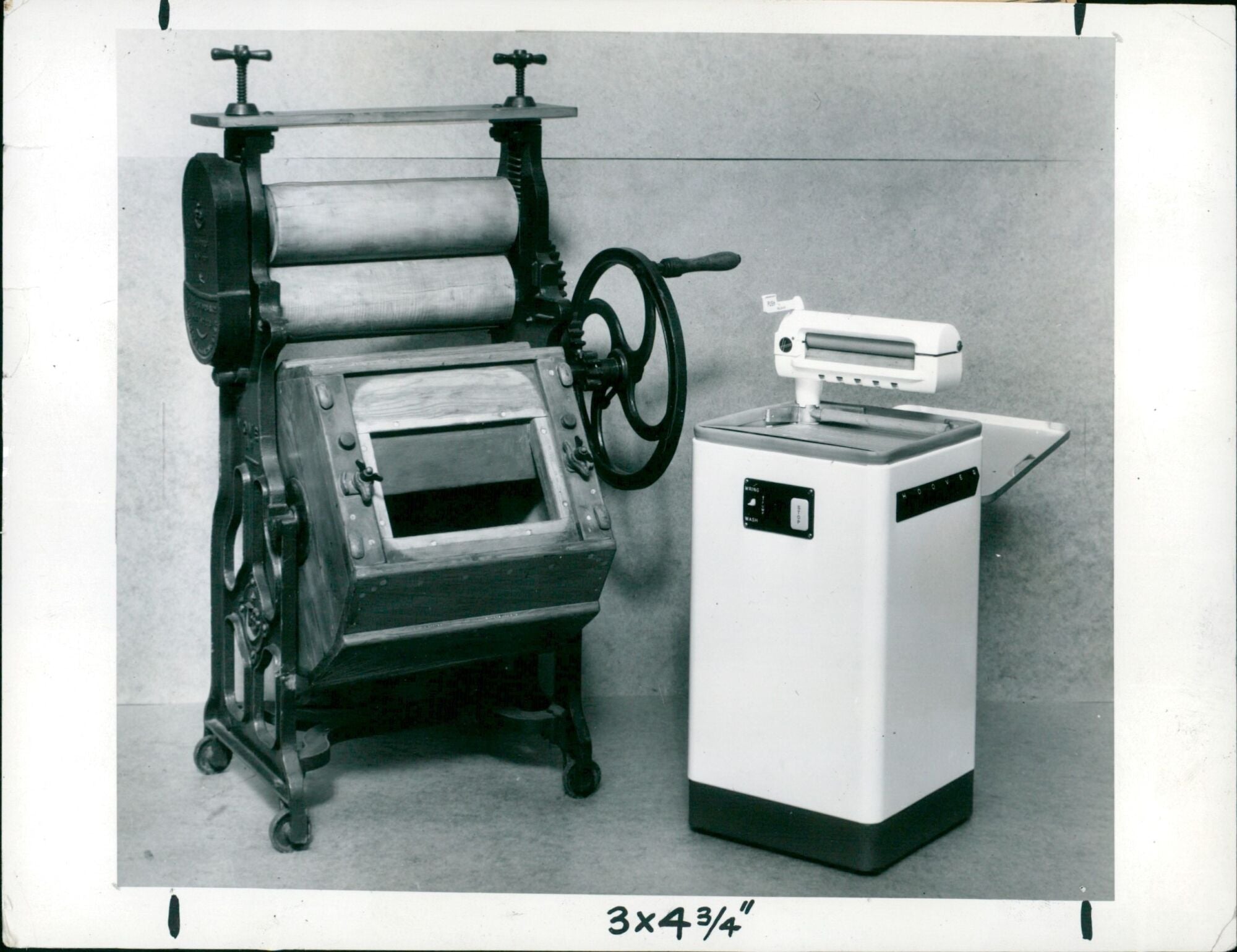 A side-by-side comparison of an early 19th century washing machine wit