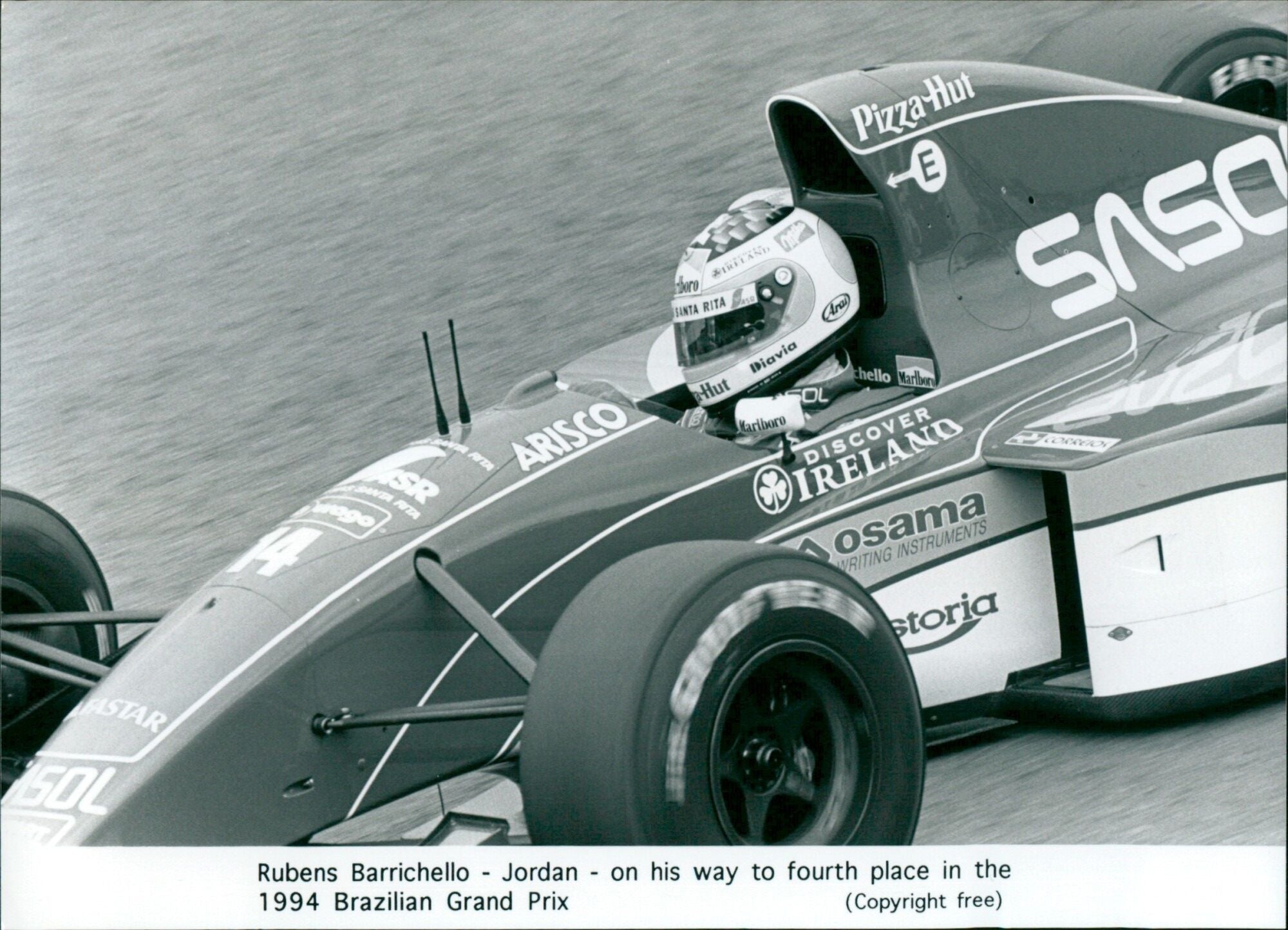Rubens Barrichello of Jordan finishes fourth in the 1994 Brazilian Gra