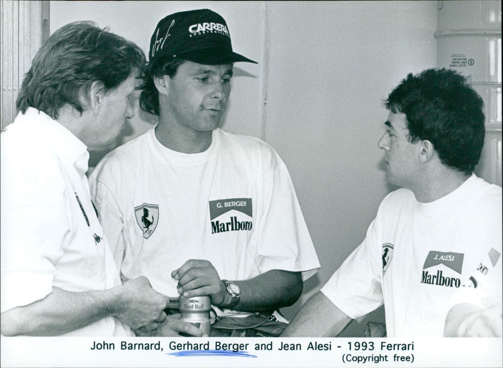 Former F1 drivers Gerhard Berger, John Barnard and Jean Alesi pose wit