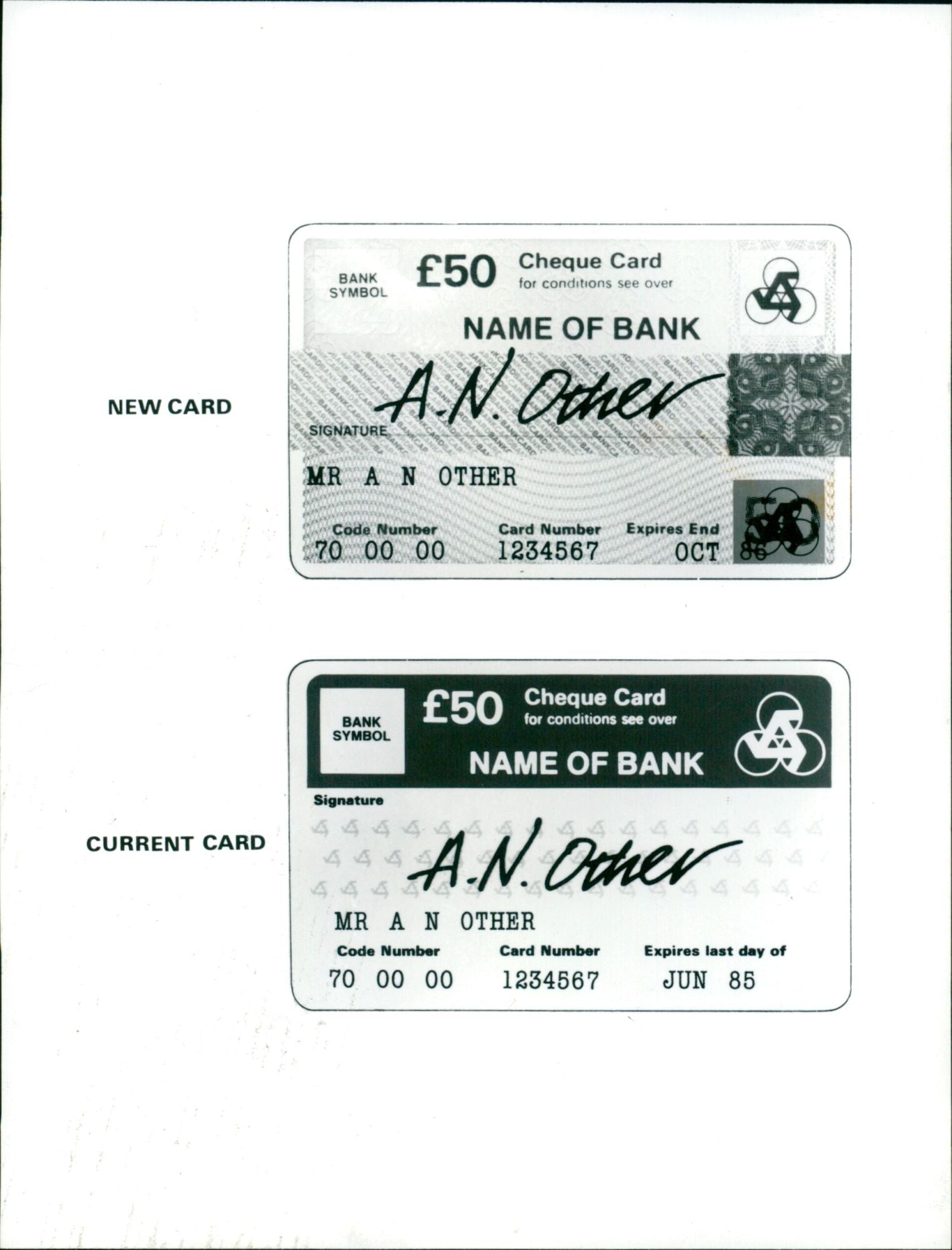 A comparison of the new cheque guarantee card and the current card tha