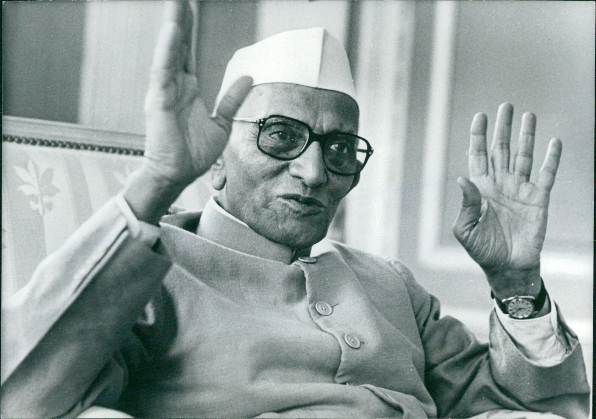Prime Minister of India Morarji Desai poses for a photograph in Februa