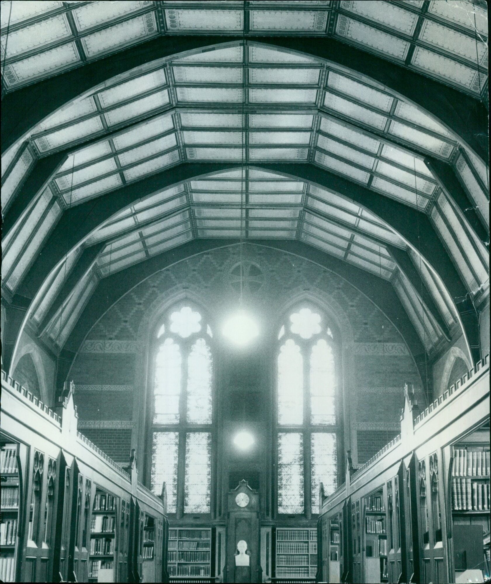 An aerial view of Keble College Library ceiling in Oxford, England.