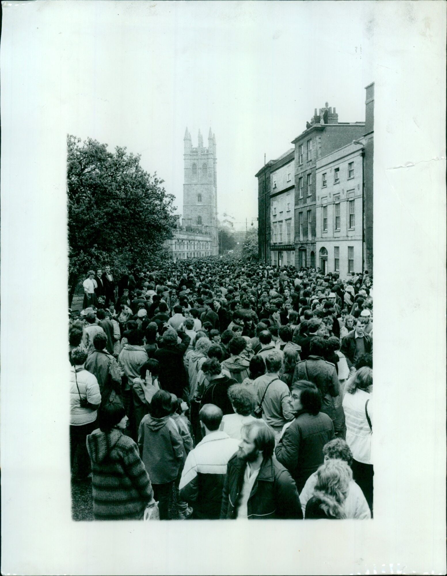 Oxford students gather for a "Mayday" celebration on the Magdalen Towe