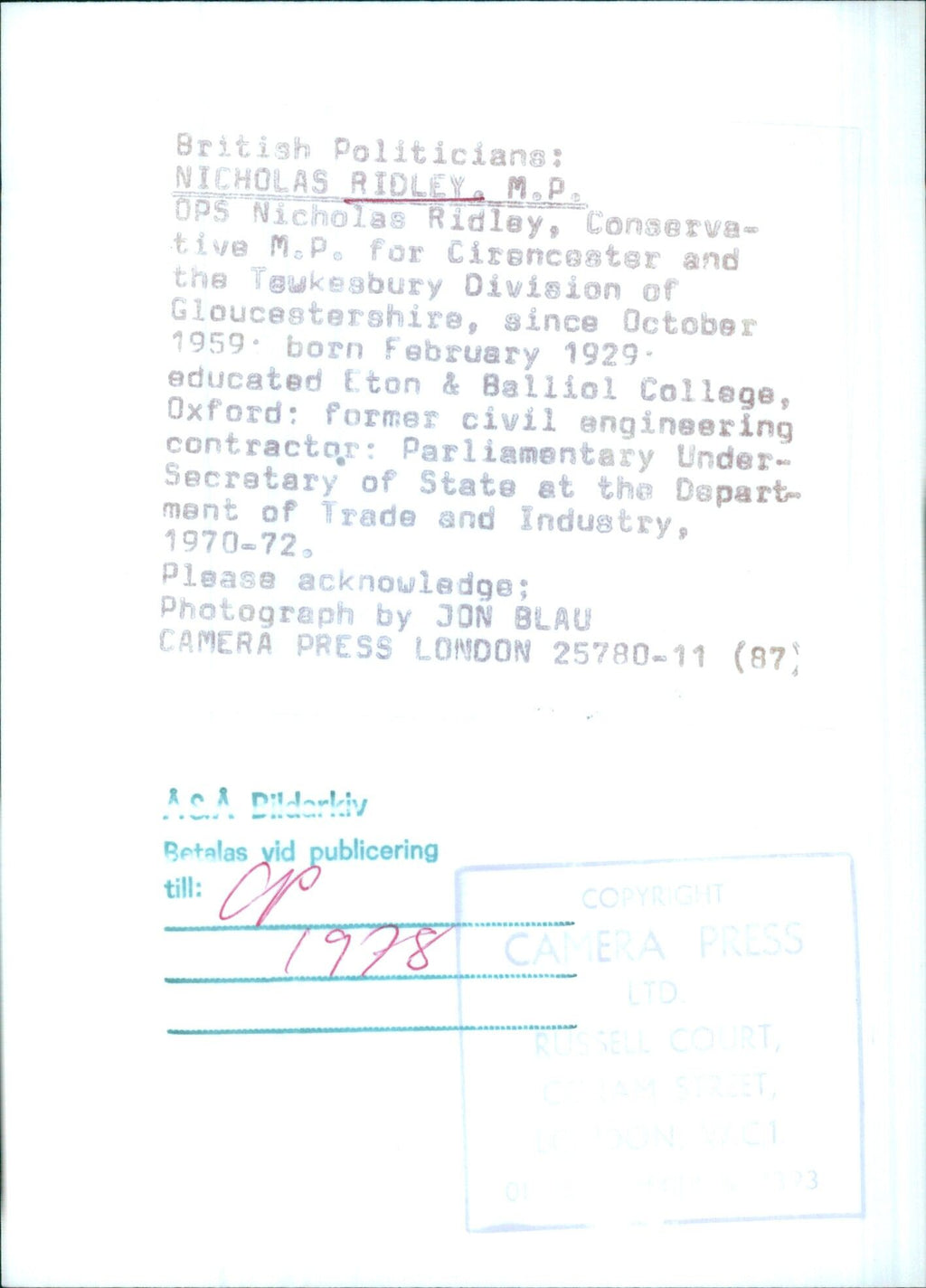 British Politician Nicholas Ridley M.P. poses for a portrait in London