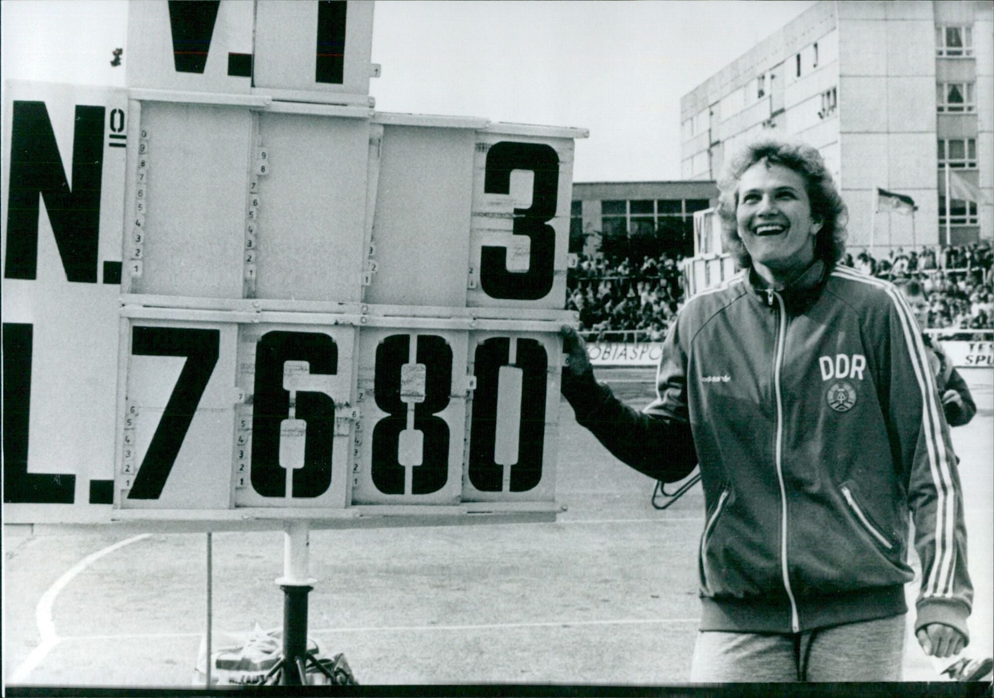 East German Athlete Gabriele Reinech Breaks World Record in Discus Thr