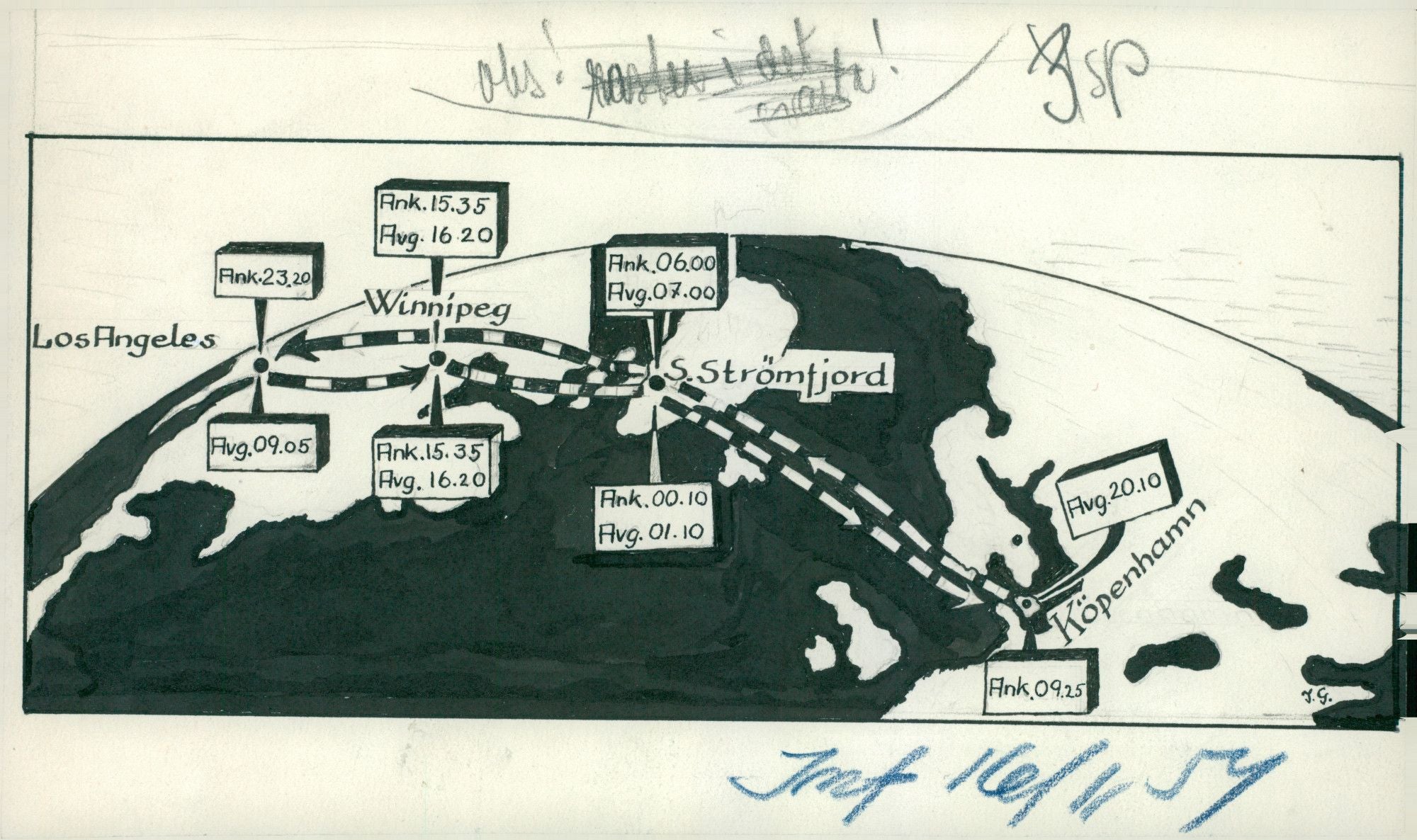 Illustrated map of the polar flight across the Atlantic to Los Angeles