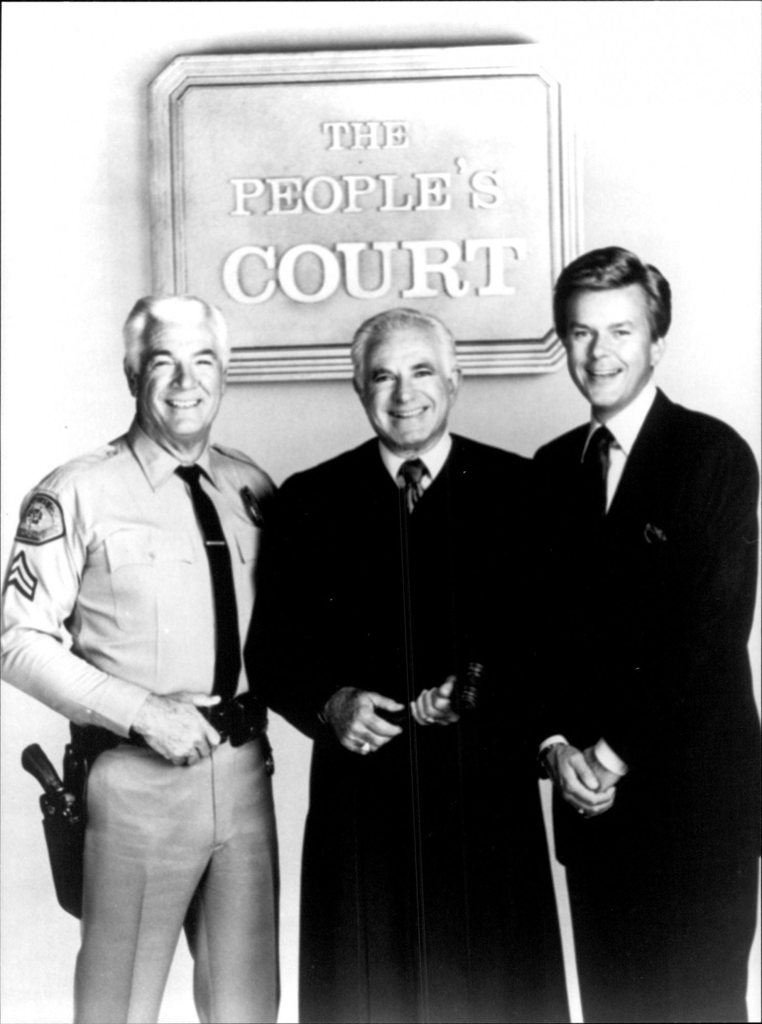 Bailiff Rusty Burrell, Judge Joseph A. Wapner and reporter Doug Llewel