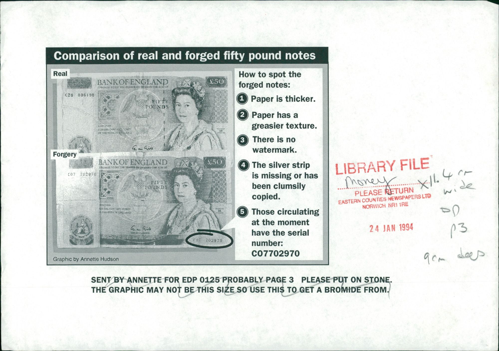 Comparison of real and forged fifty pound notes. - Vintage Photograph